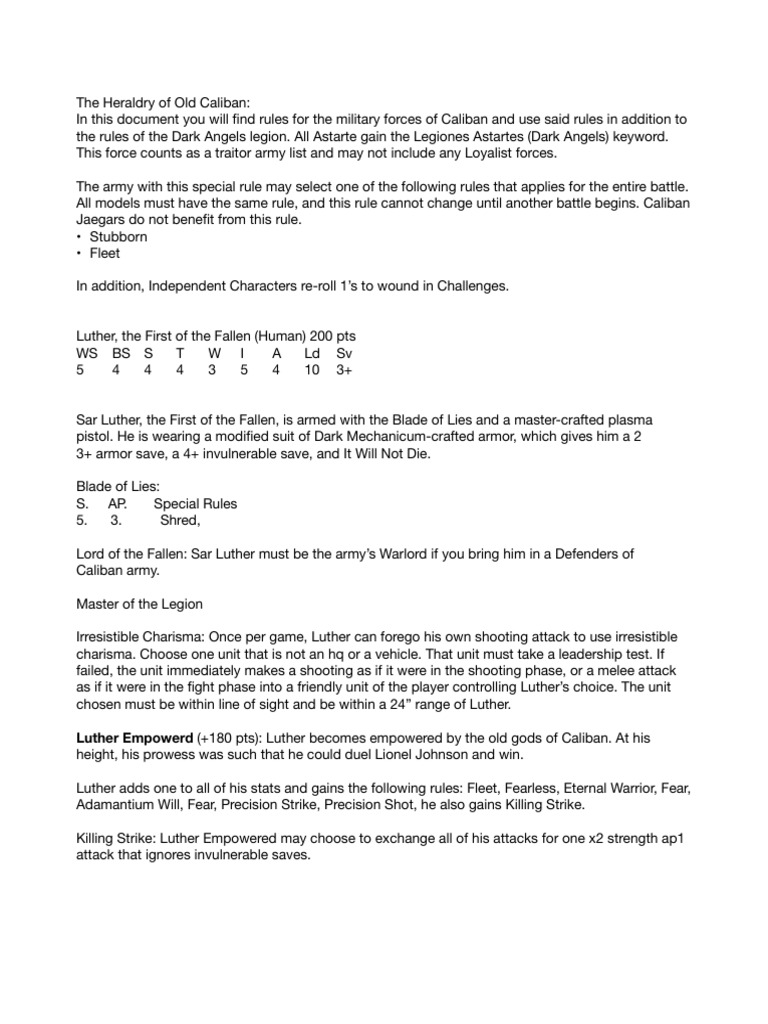Defenders of Caliban Rules For 30k | PDF