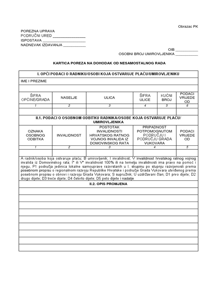 Kartica Poreza Na Dohodak Od Nesamostalnog Rada I. Opći Podaci O ...