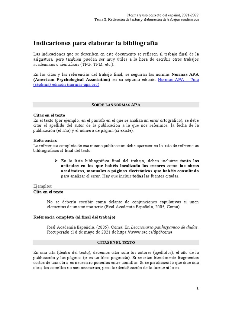Instrucciones Sobre La Bibliografía (Normas APA) | PDF | Estilo apa ...