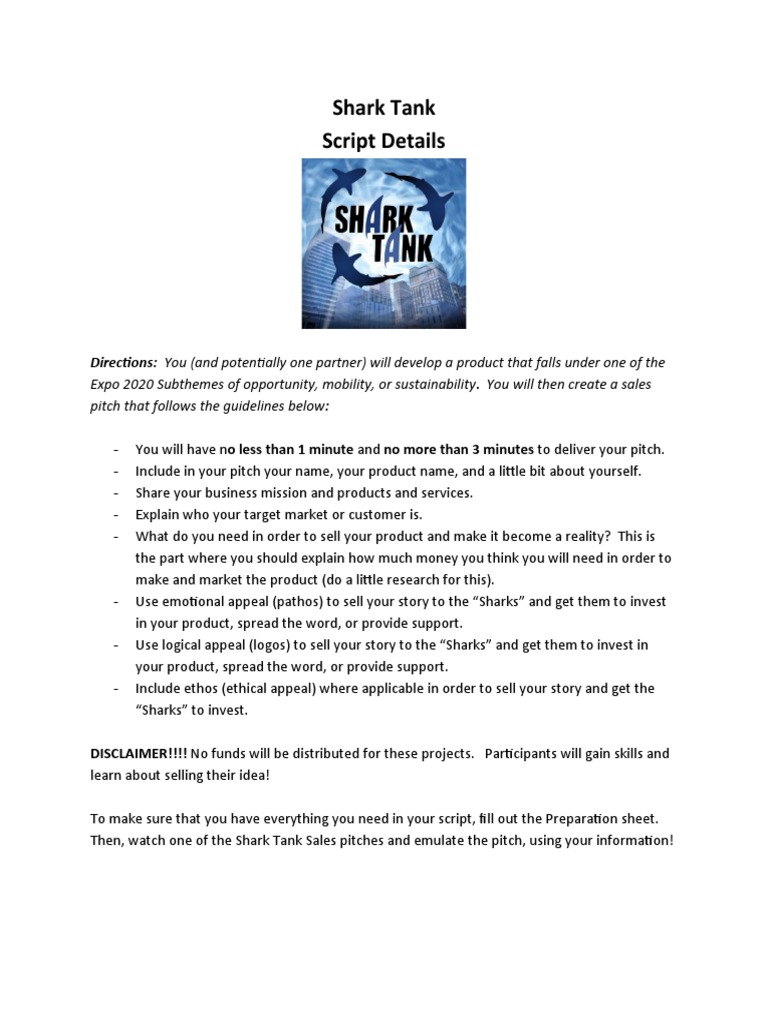 Shark Tank Script Preparation Sheet | PDF | Business