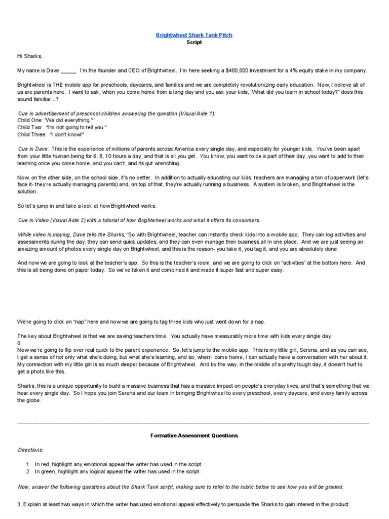 Shark Tank Pitch Script Formative | PDF | Rubric (Academic) | Logic