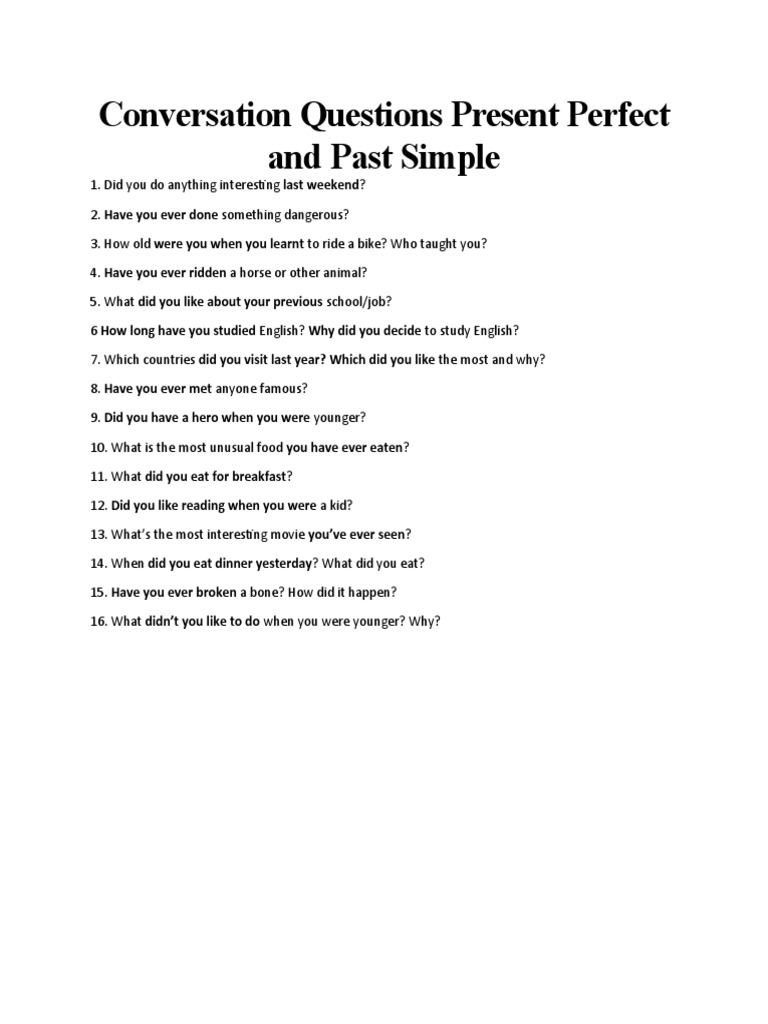 Conversation Questions Present Perfect and Past Simple | PDF