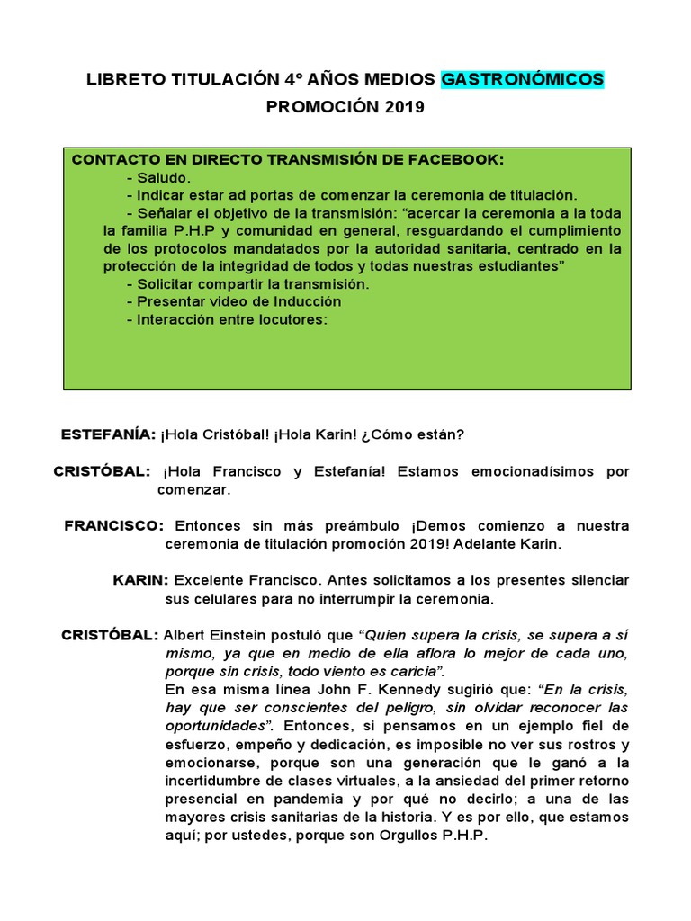 Libreto Titulación Promoción 2019 Gastronomía | PDF
