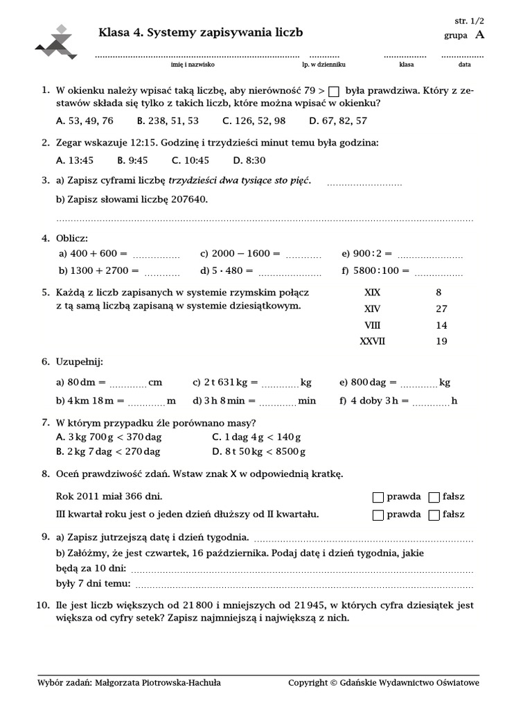 KL.4 SPRAWDZIAN 2-Systemy Zapisywania Liczb - Questions | PDF