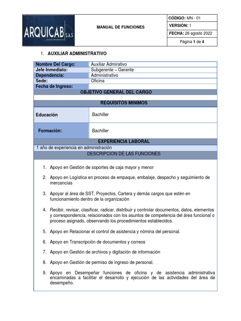 Manual de Funciones Auxiliar Administrativo | PDF | Seguridad y salud ...