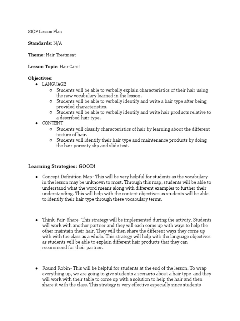 Hair Lesson Plan | Download Free PDF | Hair | Cognition