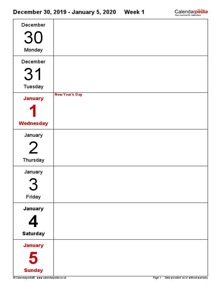 Weekly Calendar 2020 Portrait Days Vertically | PDF | Easter | Holidays
