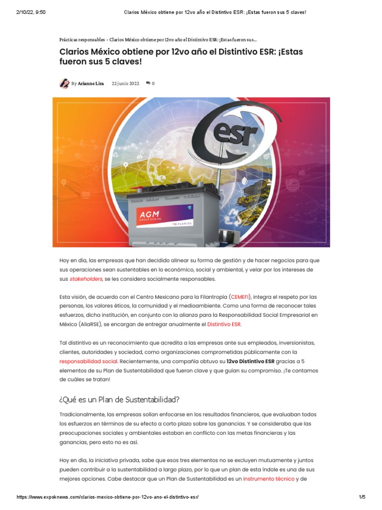 Clarios México Obtiene Por 12vo Año El Distintivo ESR - ¡Estas Fueron Sus 5 Claves! | PDF ...
