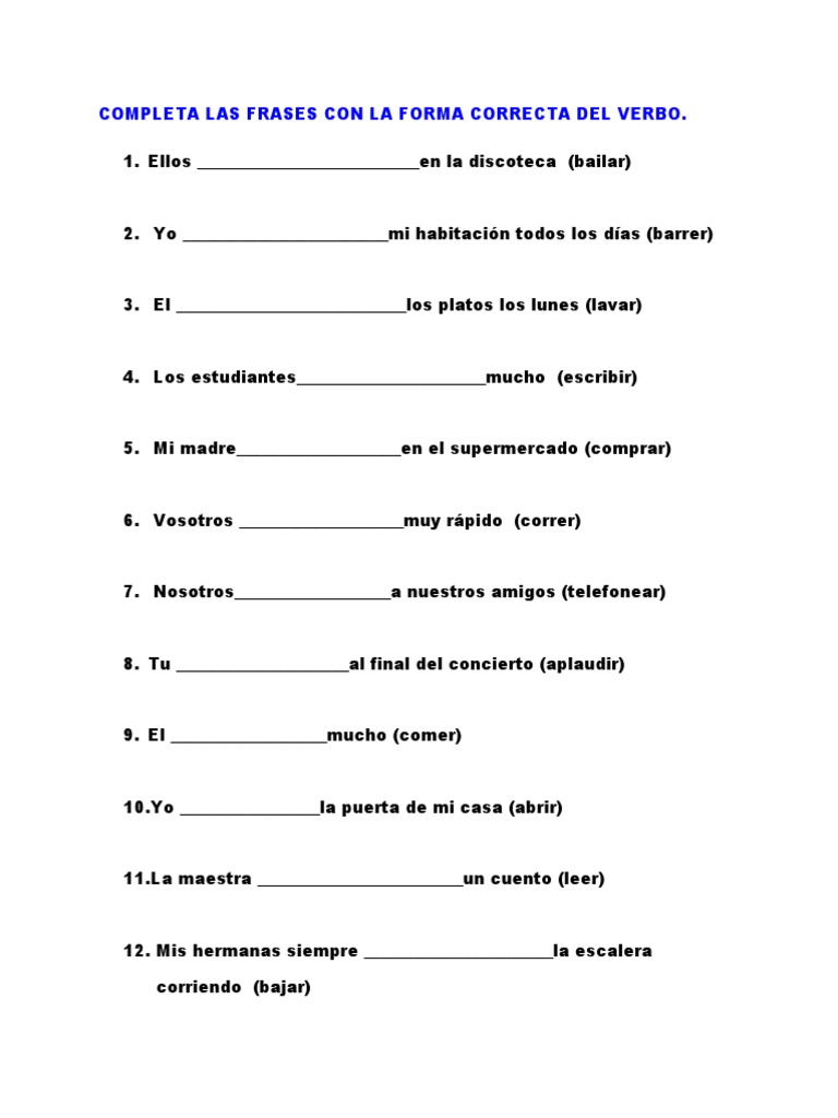Ejercicio Sencillo Verbos Regulares Presente | PDF