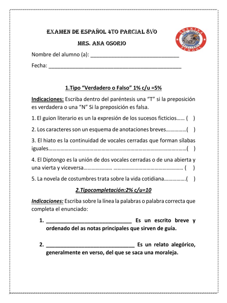 Español Examenes Finales 8vo | PDF