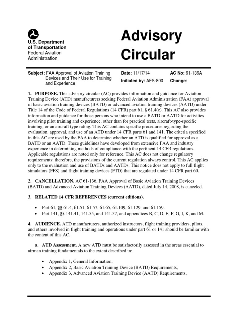 Advisory Circular: Subject: FAA Approval of Aviation Training Date: 11 ...
