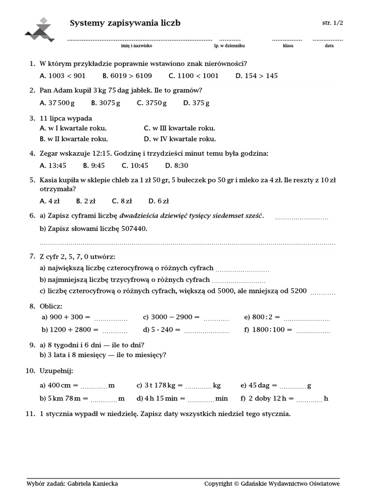 Systemy Zapisywania Liczb - Sprawdzian | PDF