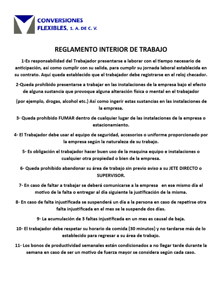Reglamento Interior de Trabajo | PDF