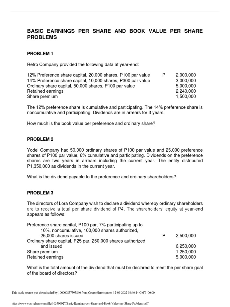 Basic Earnings Per Share and Book Value Per Share Problems | PDF ...