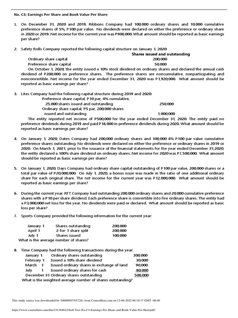 Self Test No. C3 Earnings Per Share and Book Value Per Share | PDF ...