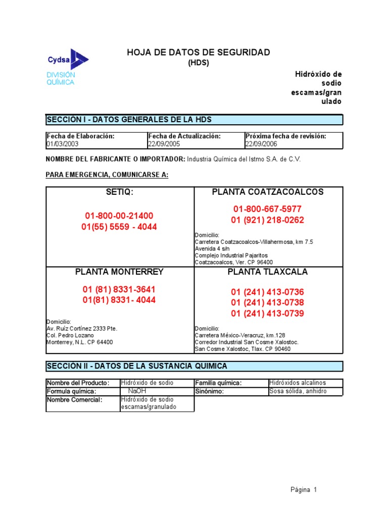 Nfpa Hidroxido Msds | PDF | Agua | Hidróxido de sodio