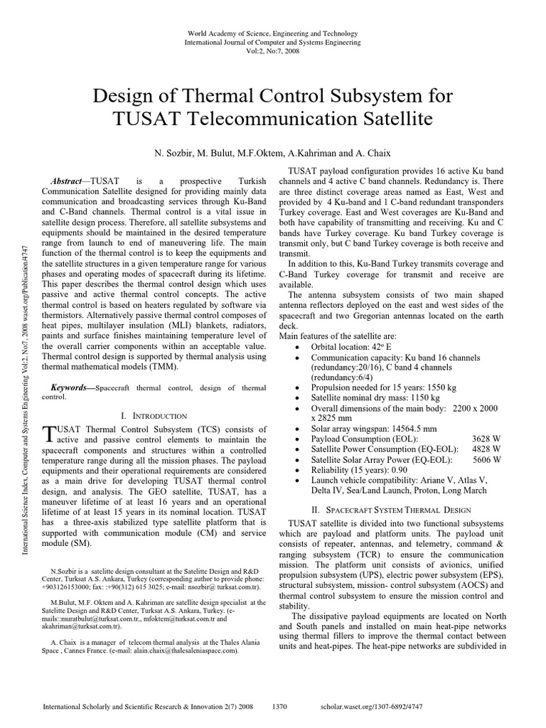 Design of Thermal Control Subsystem For | PDF | Satellite | Outer Space