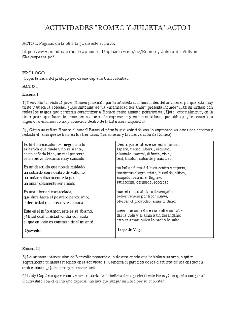 Actividades Romeo y Julieta - Acto I | PDF | Romeo y Julieta