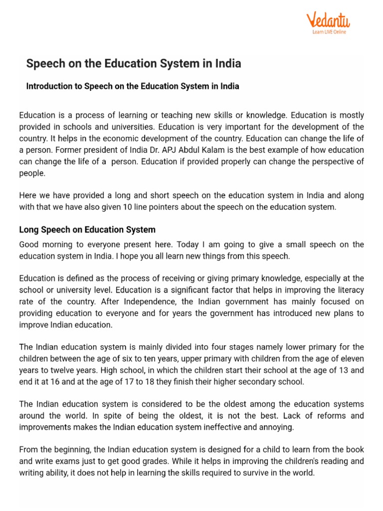 Speech On The Education System in India | PDF