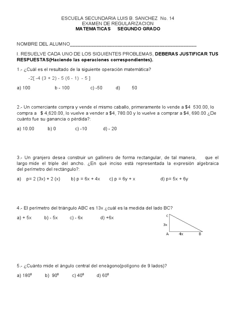 EXAMENES DE REGULARIZACION Mate Y CLAVE 2019 - 2020 | PDF | Triángulo | Ecuaciones