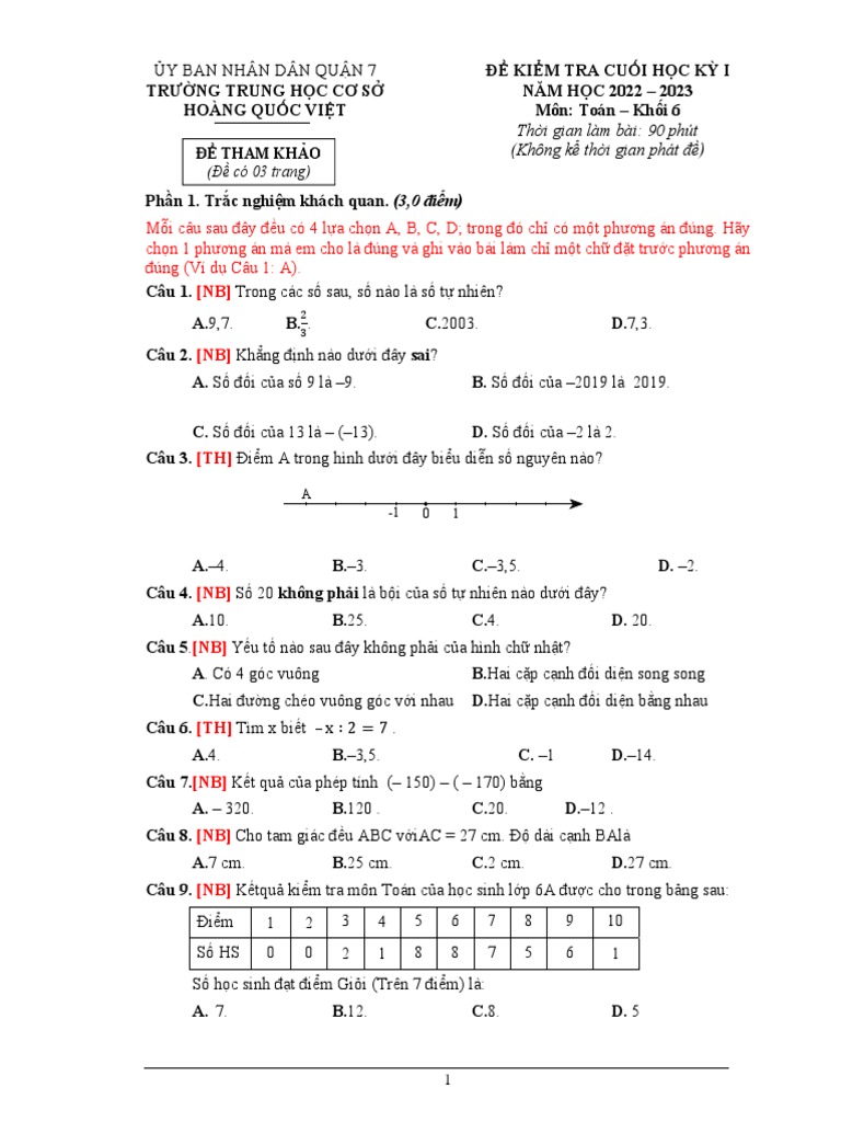 De Tham Khao Hoc Ky 1 Toan 6 Nam 2022 2023 Truong Thcs Hoang Quoc Viet TP HCM 1 3 | PDF