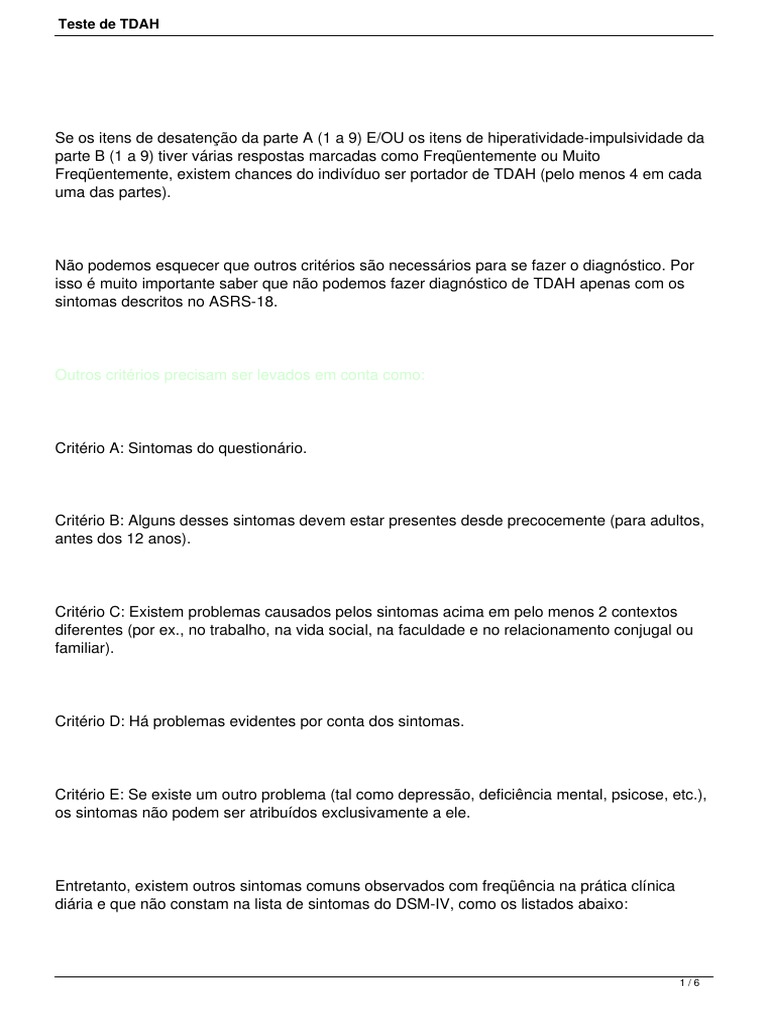 Teste de Tdah | PDF | Transtorno de déficit de atenção e hiperatividade ...
