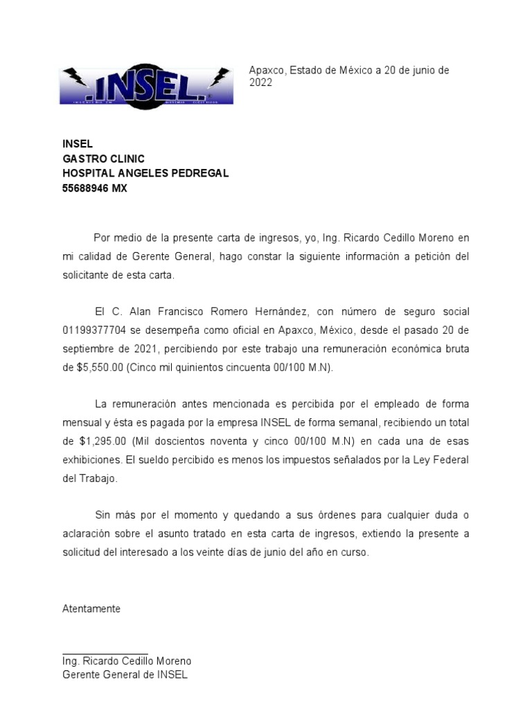 Ejemplo Carta de Ingresos | PDF