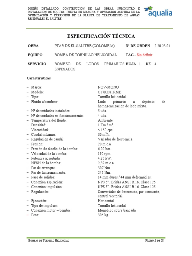 Bombas de Tornillo Helicoidal en PTAR El Salitre | PDF | Acero | Tornillo