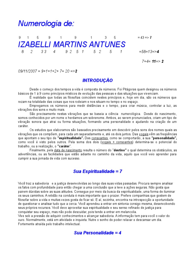 Numerologia de Izabelli: Análise Completa | PDF | Tempo | Vida