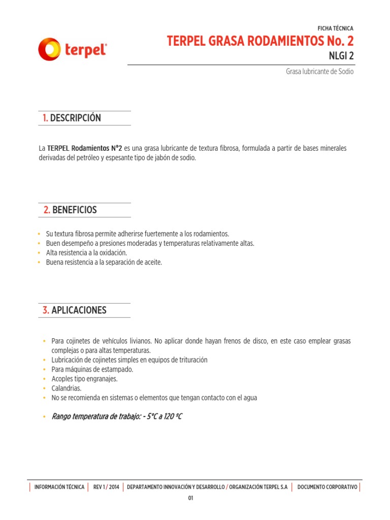 Ficha técnica de la grasa lubricante Terpel Rodamientos No. 2 | PDF ...