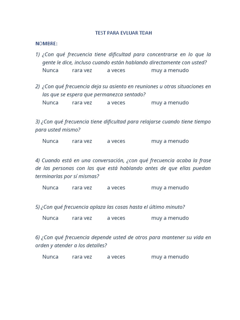 Test para Evaluar Tdah | PDF