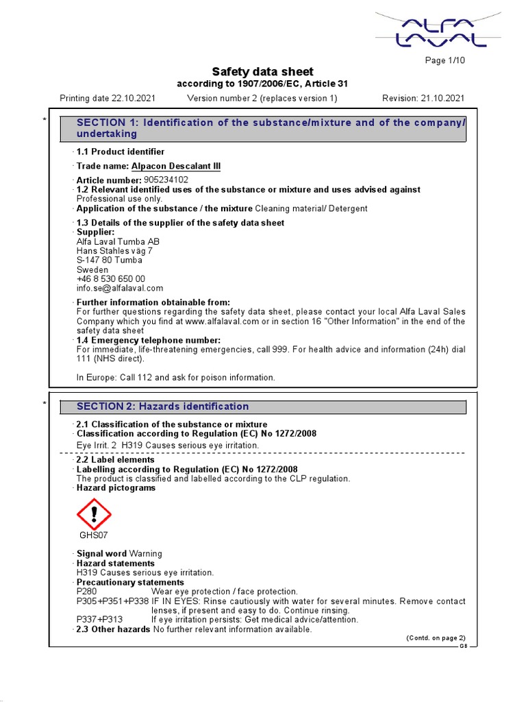 Alpacon Descalant III Safety Data Sheet | PDF | Dangerous Goods | Toxicity