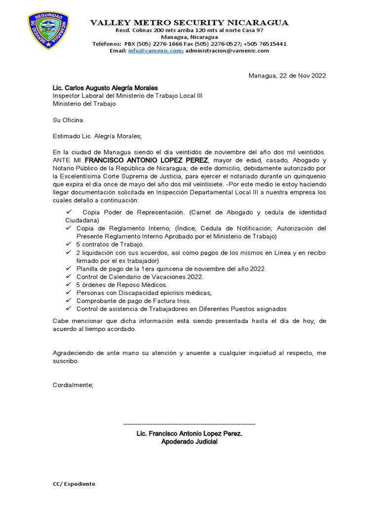 Documento que proporciona información solicitada por el Ministerio de ...