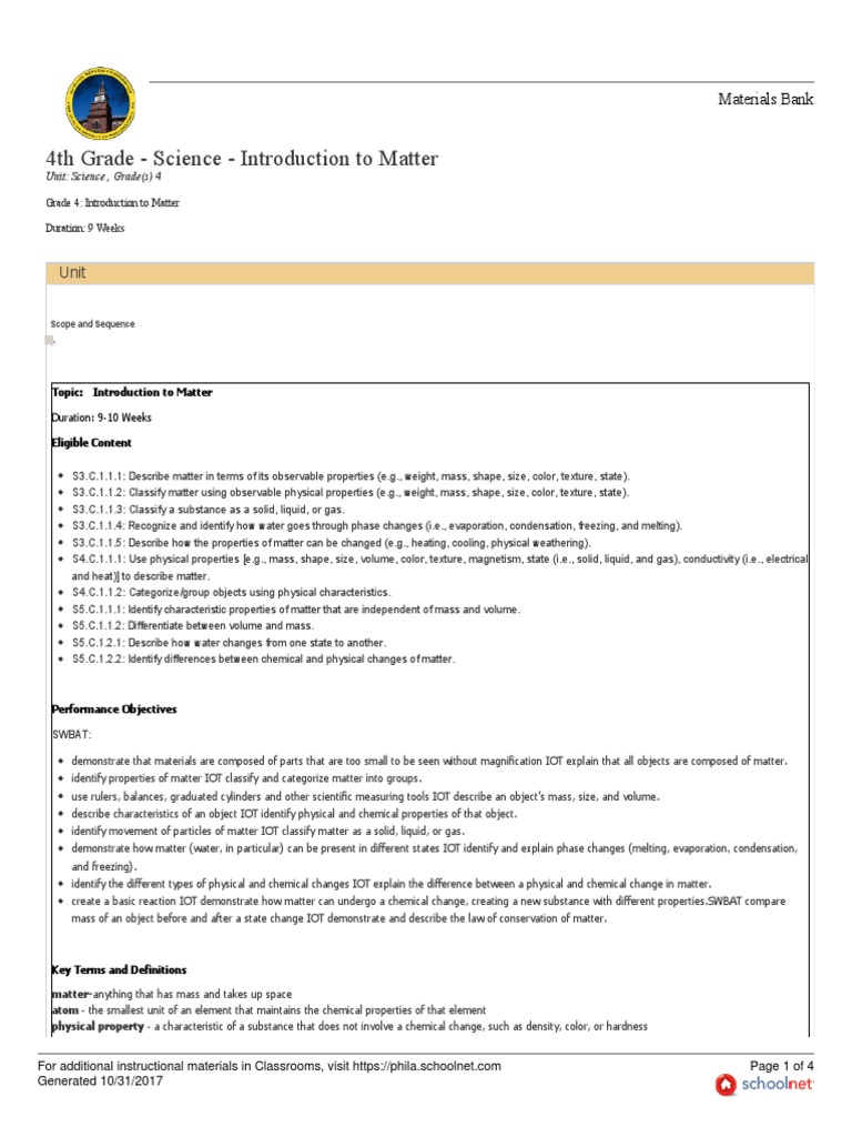 Instructional Unit - 4th Grade Science Introduction To Matter | PDF ...