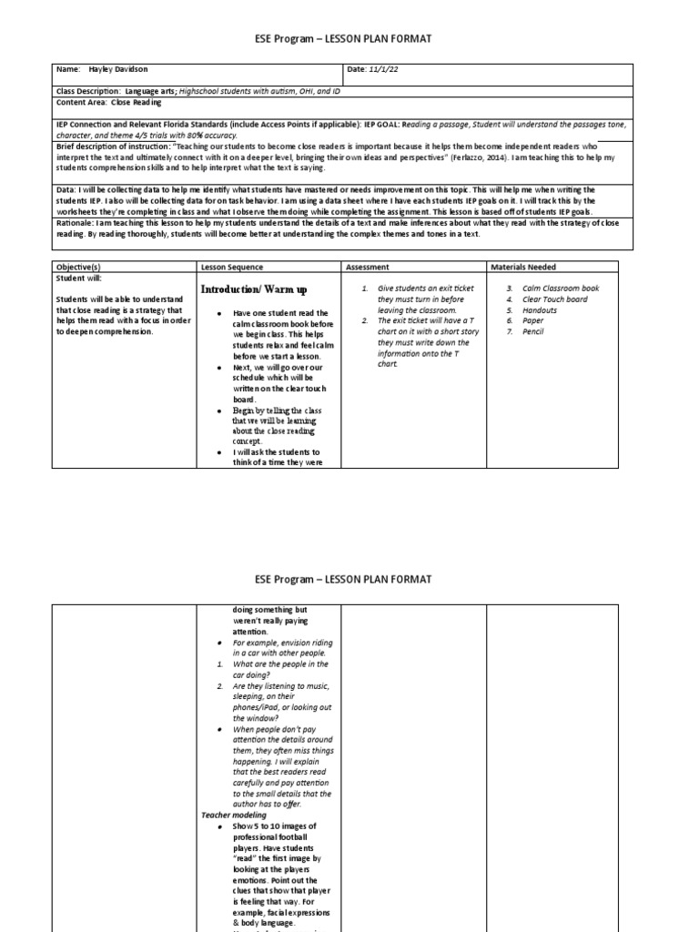 Revised Close Reading Lesson Plan 2022 | PDF | Lesson Plan | Reading ...
