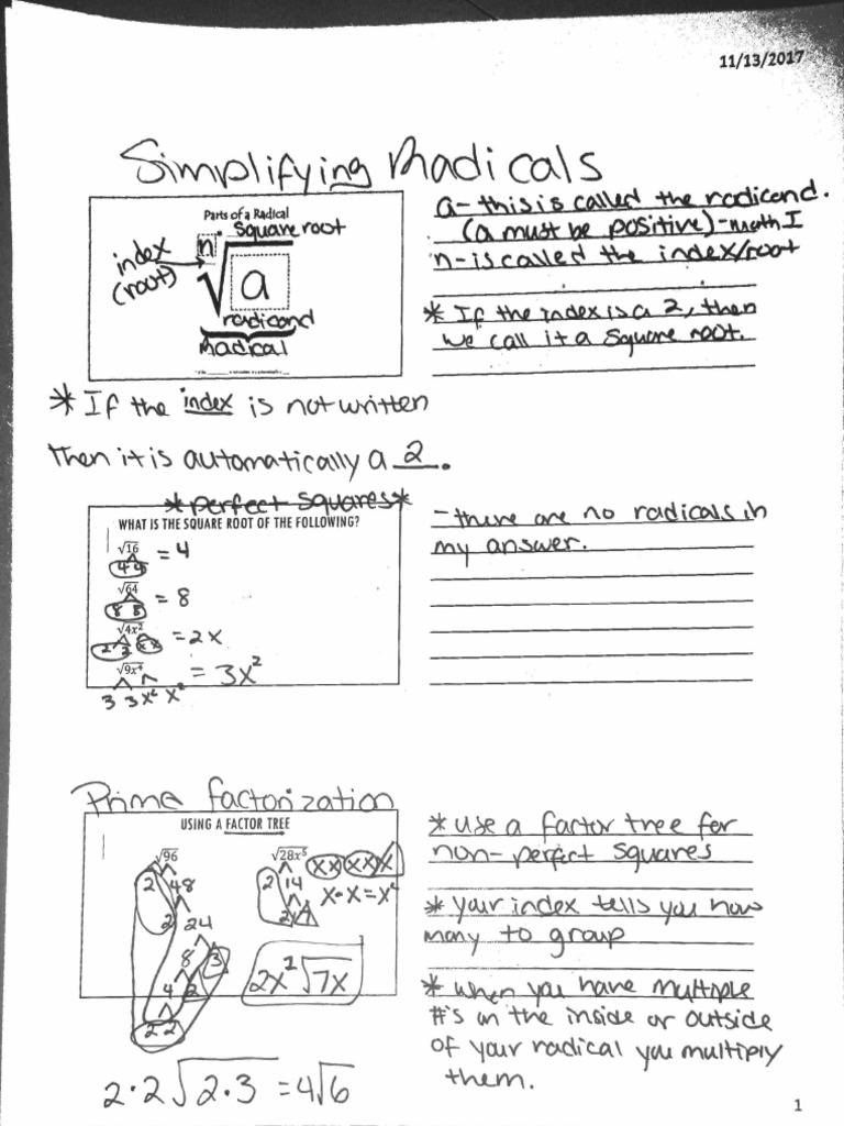 Simplifying Radicals Notes Key | PDF