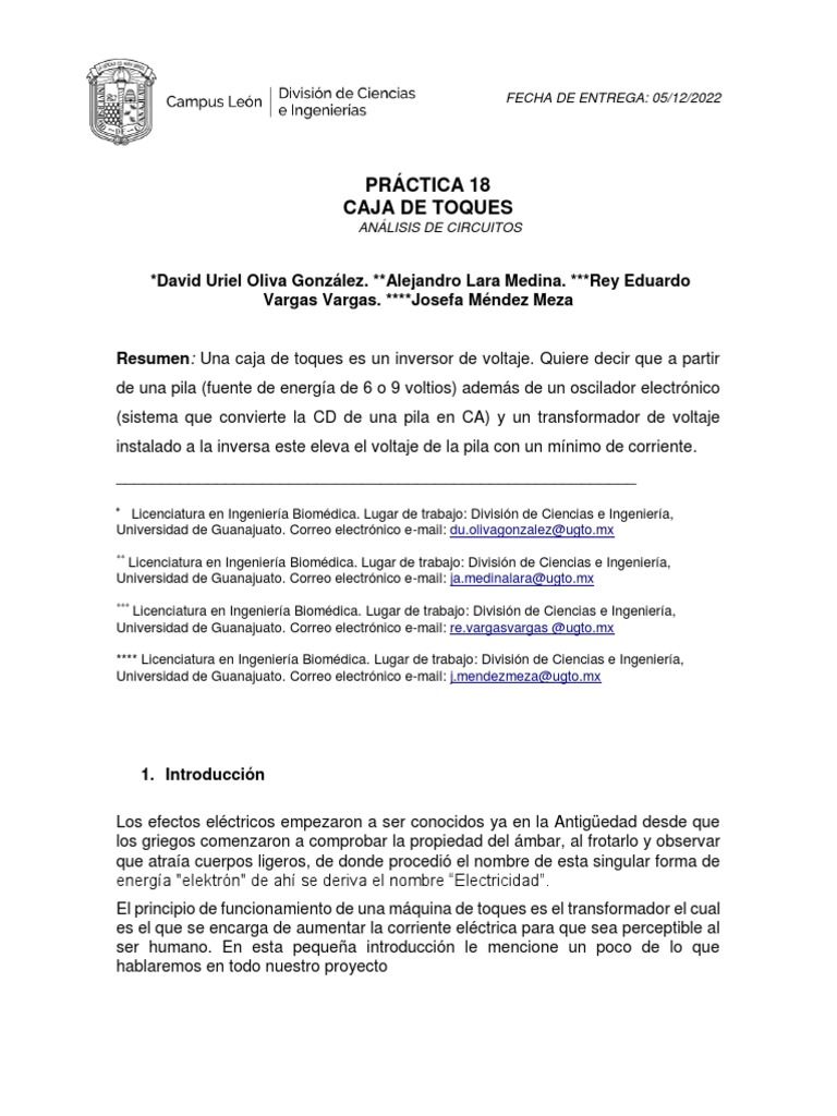 PRÁCTICA 18 Caja de Toques | PDF | Corriente eléctrica | voltaje
