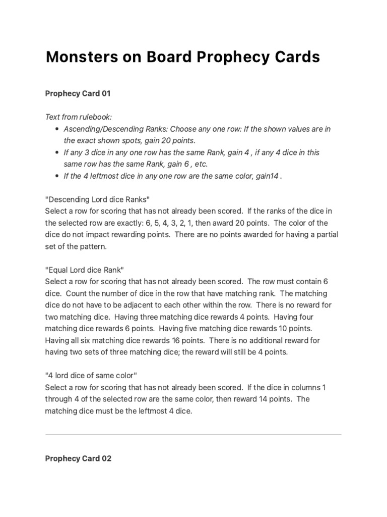 Monsters on Board Prophecy Cards Guide | PDF | Dice | Mathematics