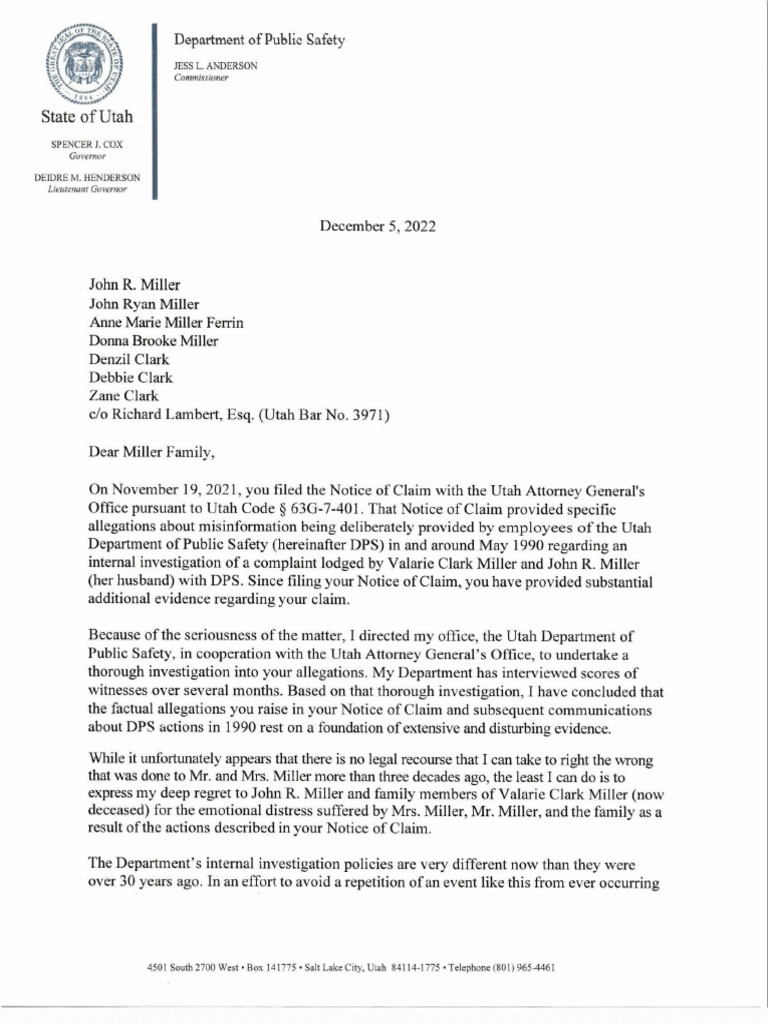 DPS Letter To Valarie Clark Miller's Family | PDF