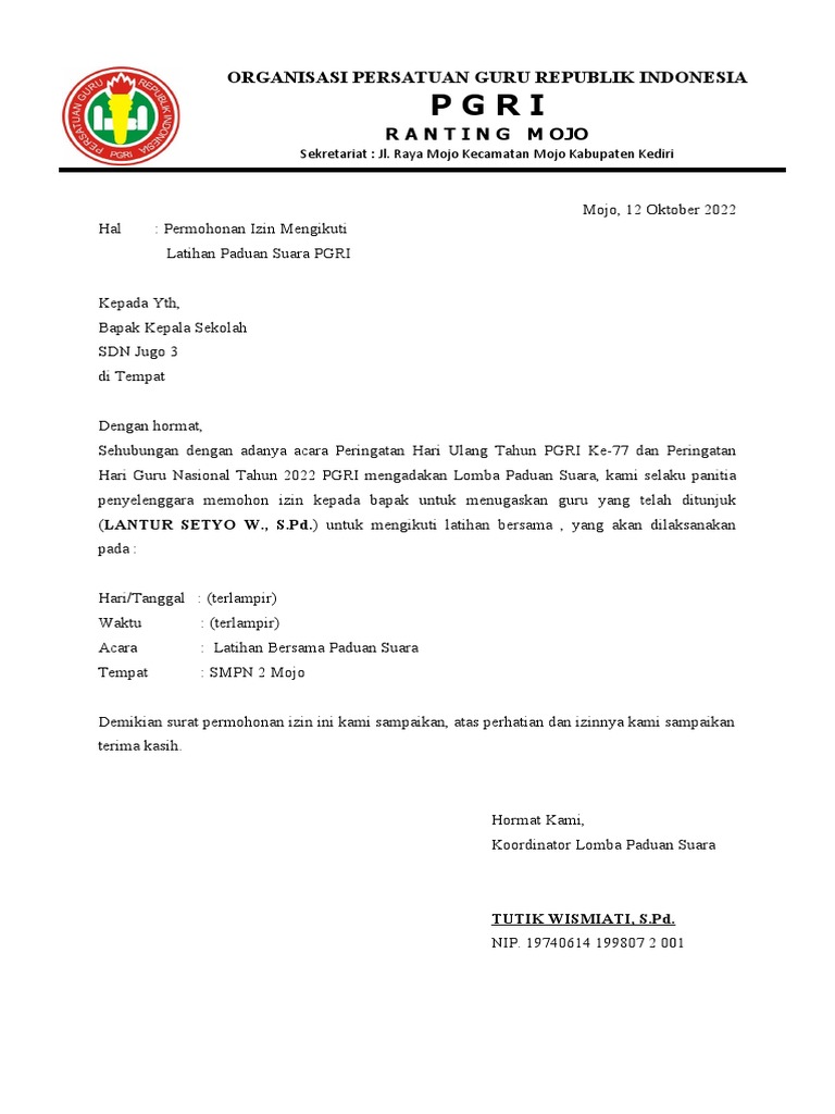 Surat Izin Paduan Suara Pgri Pak Lantur | PDF