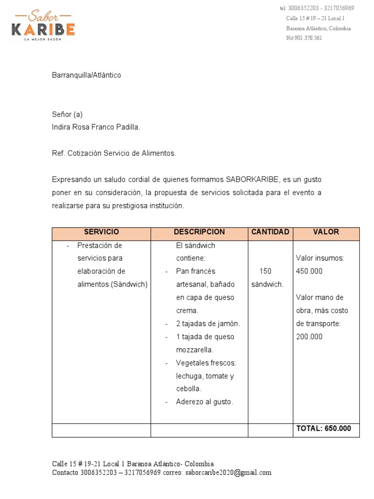 Cotización de servicios de elaboración de sándwiches para evento | PDF | Cocinando | Cocina ...
