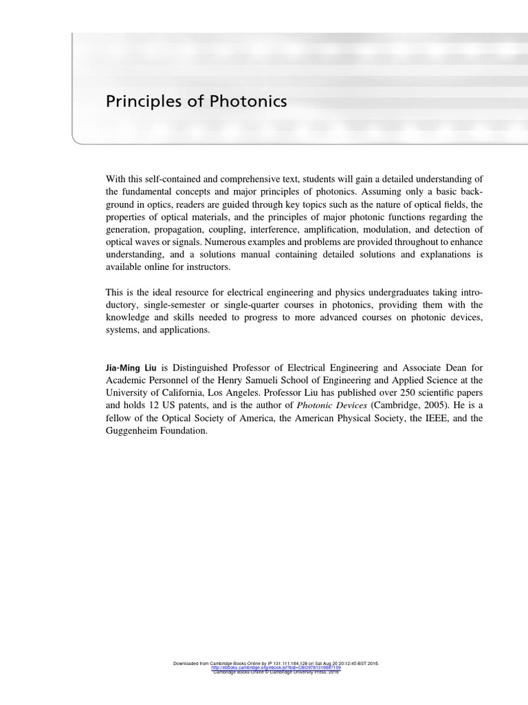 Jia Ming Liu Principles Of Photonics Cambridge University Press 2016 Pdf Photonics Optics 