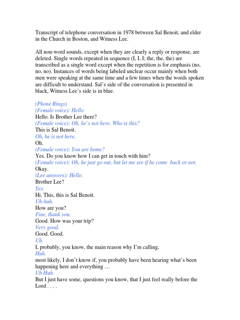 Transcript SalBenoitAndWitnessLee PhoneCall | PDF | Religion & Spirituality