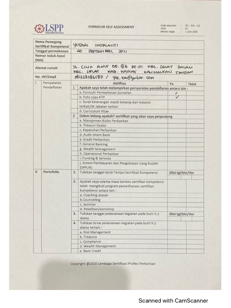 Formulir Self Assessment | PDF
