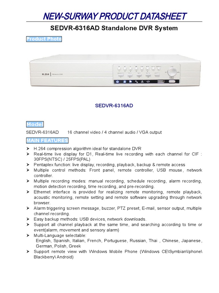 H.264 16-Channel Standalone DVR with VGA Output | PDF | Usb | Embedded ...