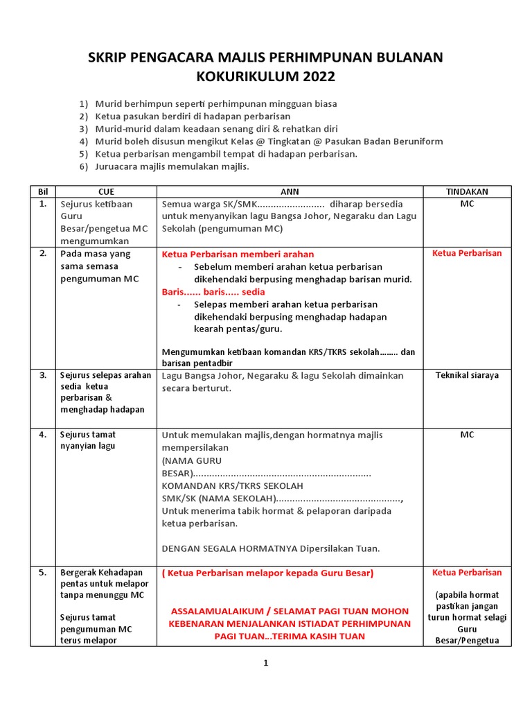 Skrip Perhimpunan Kokurikulum 2022 (SKSMK) Edit Latest | PDF