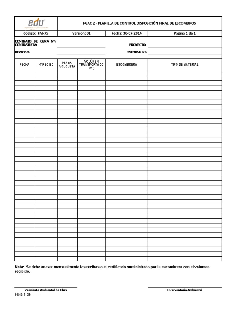 Fm-75 - Planilla Disposición Final Escombros - Fgac2 | PDF | Tecnología