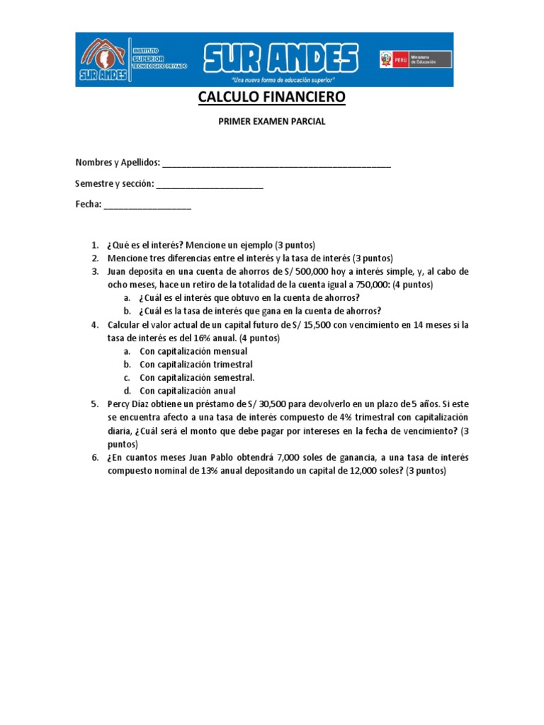 Examen 1 Calculo Financiero | PDF