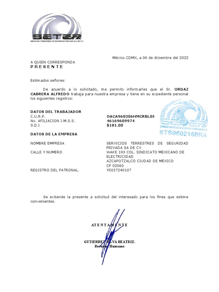 Carta Patronal Seter Con Firma y Sello | PDF Carta Patronal Seter Con Firma y Sello | PDF