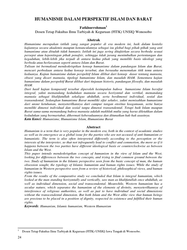 Humanisme Dalam Perspektif Islam Dan Barat: Dosen Tetap Fakultas Ilmu Tarbiyah & Keguruan (FITK ...
